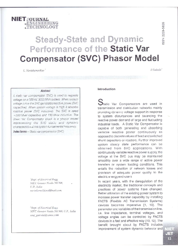 Pdf Steady State And Dynamic Performance Of The Static Var