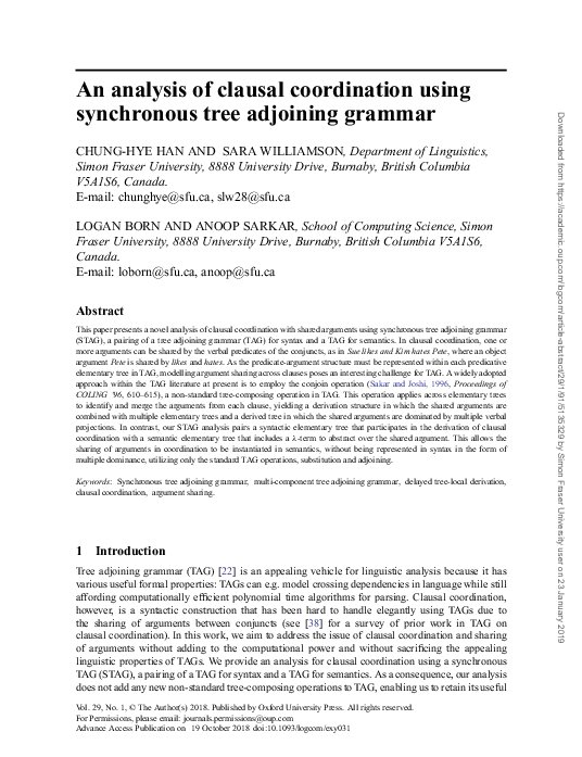 Pdf An Analysis Of Clausal Coordination Using Synchronous Tree Adjoining Grammar