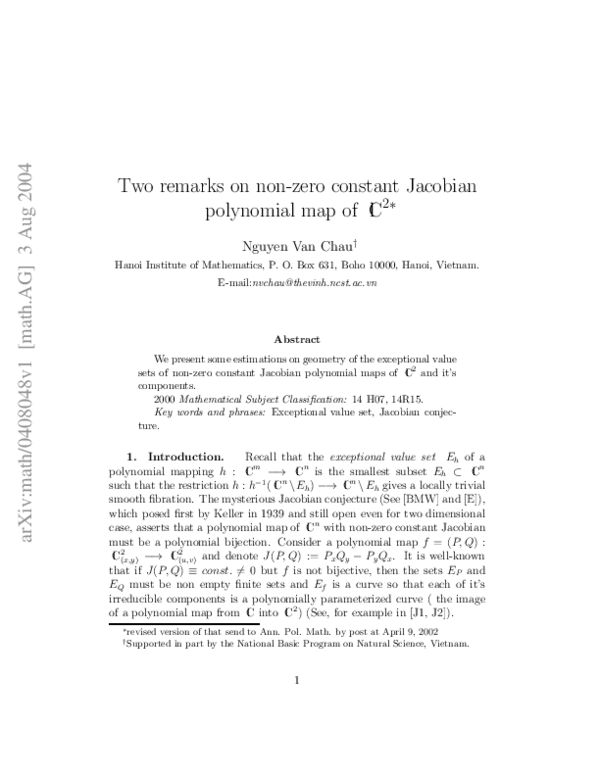 (PDF) Two remarks on non-zero constant Jacobian polynomial maps of C 2