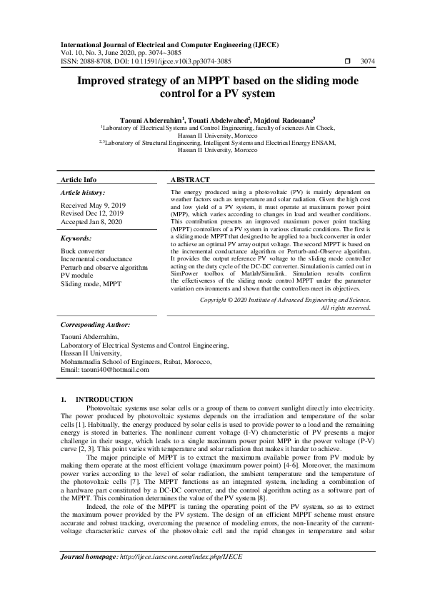 Pdf Improved Strategy Of An Mppt Based On The Sliding Mode Control