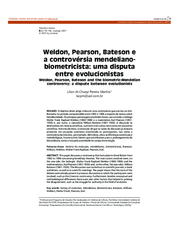 (PDF) Weldon, Pearson, Bateson e a controvérsia mendeliano ...