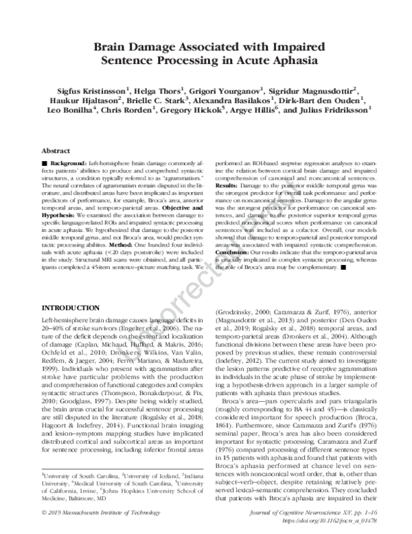 (PDF) Brain Damage Associated with Impaired Sentence Processing in ...