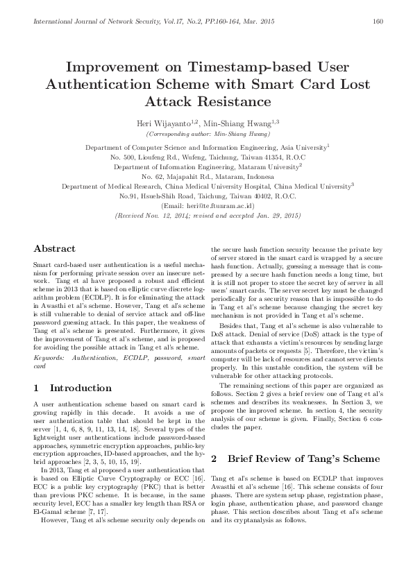 (PDF) Improvement on Timestamp-based User Authentication Scheme with Smart Card Lost Attack ...