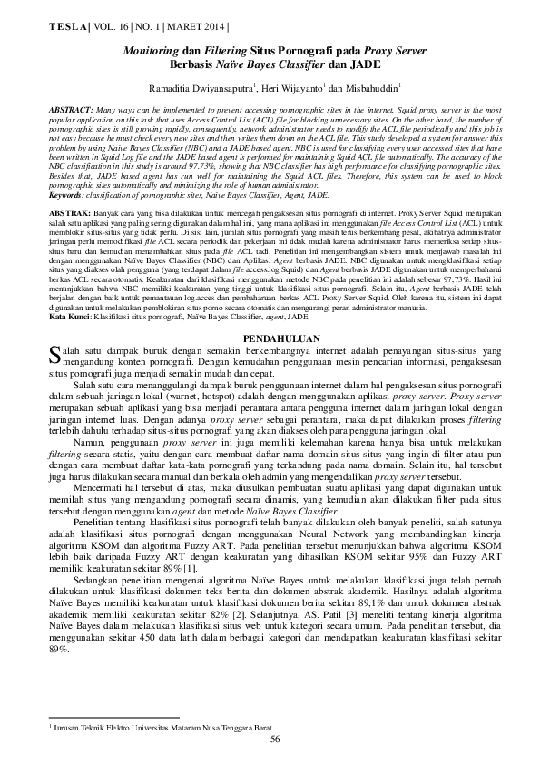 Monitoring dan Filtering Situs Pornografi pada Proxy Server Berbasis Naïve Bayes Classifier dan JADE