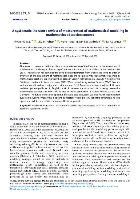 Pdf A Systematic Literature Review Of Measurement Of Mathematical Modeling In Mathematics