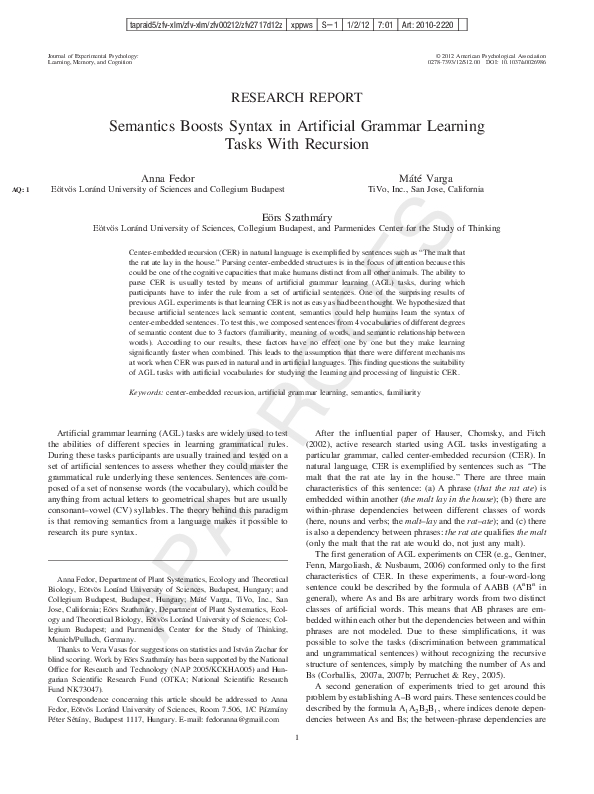 (PDF) Semantics boosts syntax in artificial grammar learning tasks with recursion