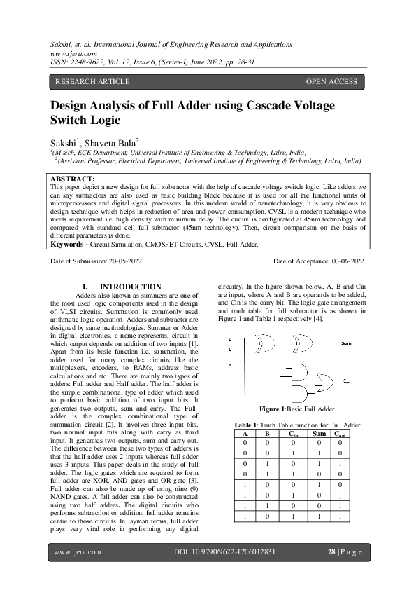 (PDF) Design Analysis of Full Adder using Cascade Voltage Switch Logic