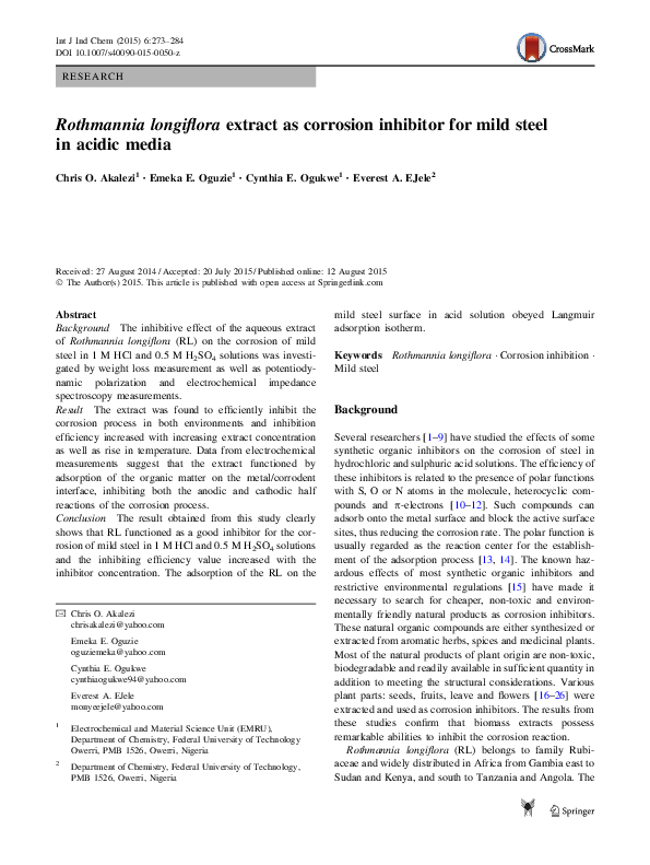 (PDF) Rothmannia longiflora extract as corrosion inhibitor for mild ...