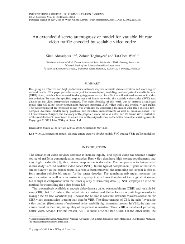 (PDF) An extended discrete autoregressive model for variable bit rate video traffic encoded by ...
