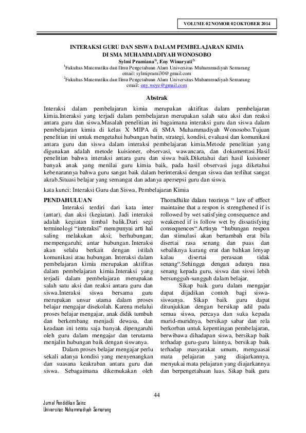 (PDF) Interaksi Guru Dan Siswa Dalam Pembelajaran Kimia DI Sma Muhammadiyah Wonosobo | Eny ...