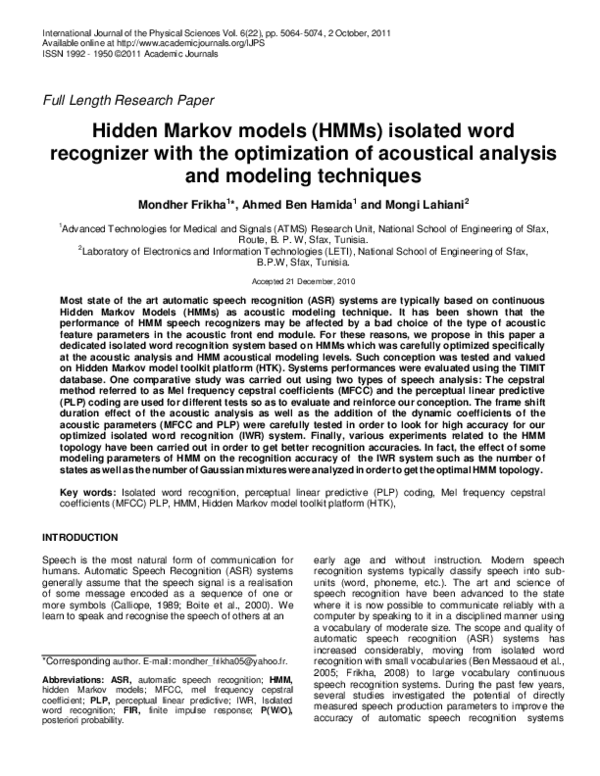 (PDF) Hidden Markov models (HMMs) isolated word recognizer with the optimization of acoustical ...