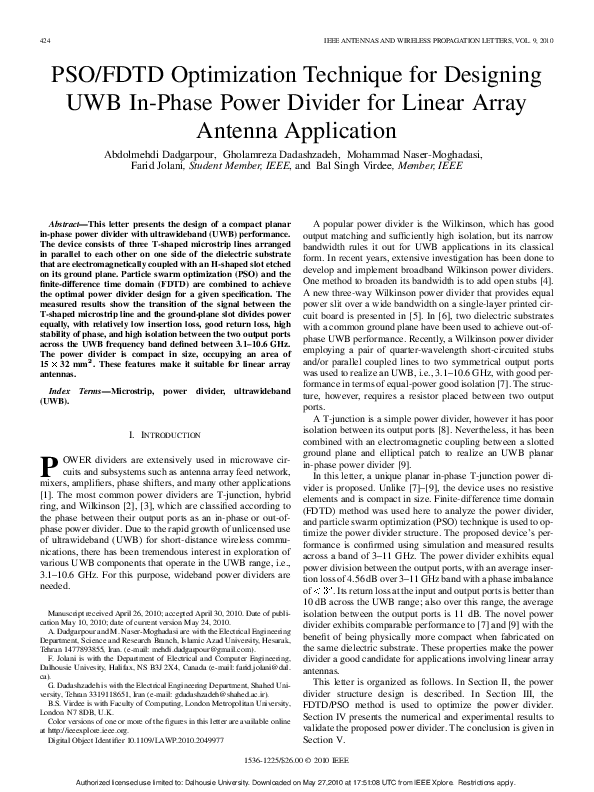 Pdf Pso Fdtd Optimization Technique For Designing Uwb In Phase Power