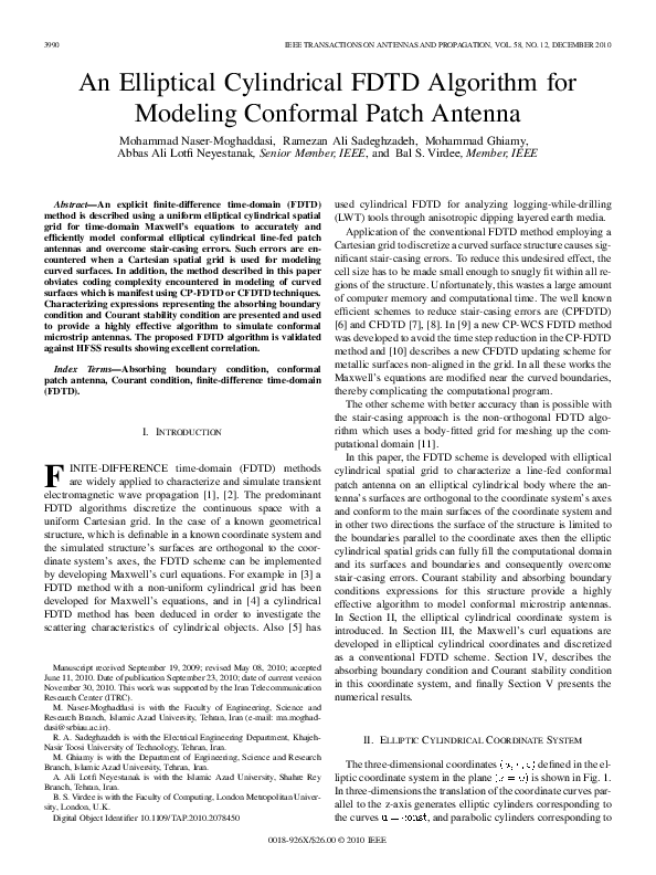 Pdf An Elliptical Cylindrical Fdtd Algorithm For Modeling Conformal
