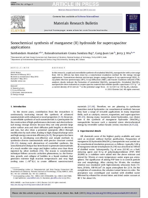 (PDF) Sonochemical synthesis of manganese (II) hydroxide for ...