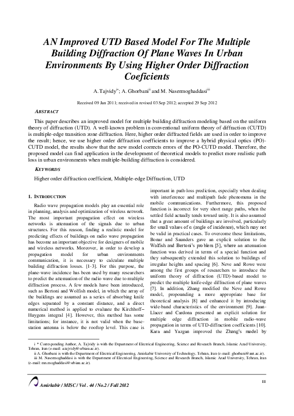 (PDF) An Improved UTD Based Model for the Multiple Building Diffraction of Plane Waves in Urban ...