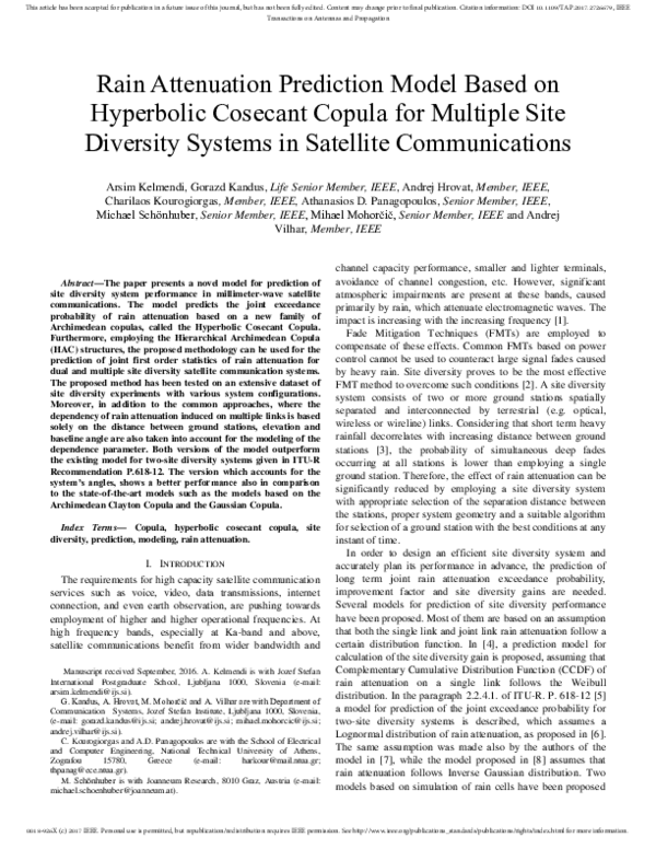 (PDF) Rain Attenuation Prediction Model Based on Hyperbolic Cosecant Copula for Multiple Site ...