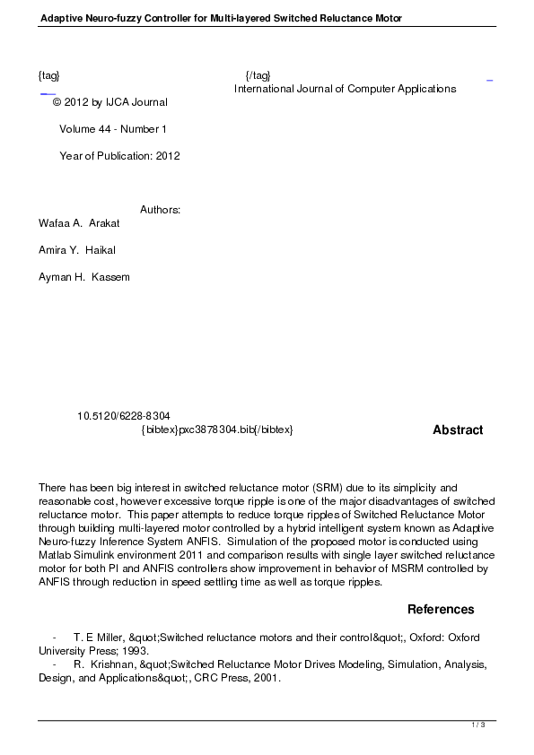 Pdf Adaptive Neuro Fuzzy Controller For Multi Layered Switched Reluctance Motor