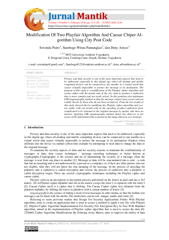 (PDF) Modification Of Two Playfair Algorithm And Caesar Chiper Al- gorithm Using City Post Code