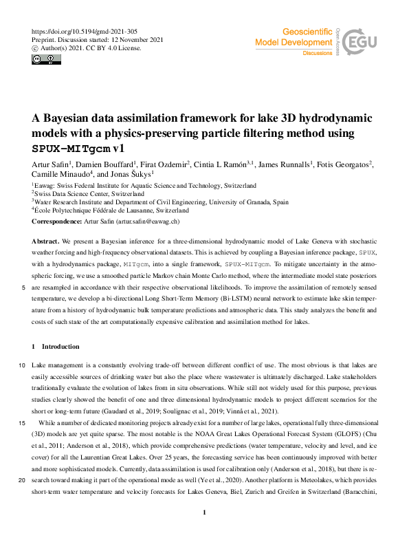 (PDF) A Bayesian data assimilation framework for lake 3D hydrodynamic models with a physics ...