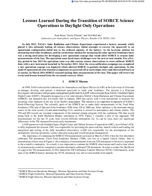 (PDF) Lessons Learned During the Transition of SORCE Science Operations to Daylight Only Operations
