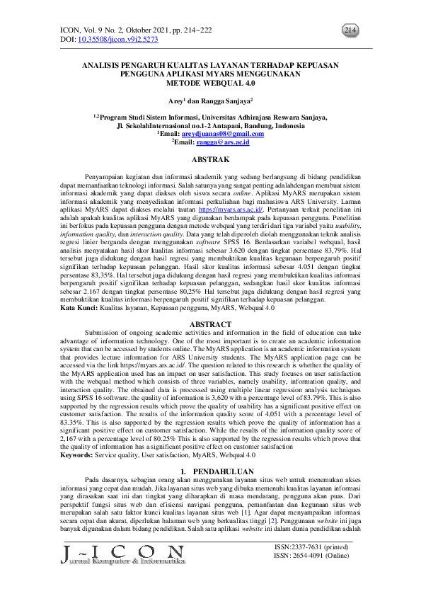 (PDF) Analisis Pengaruh Kualitas Layanan Terhadap Kepuasan Pengguna Aplikasi MyARS Menggunakan ...