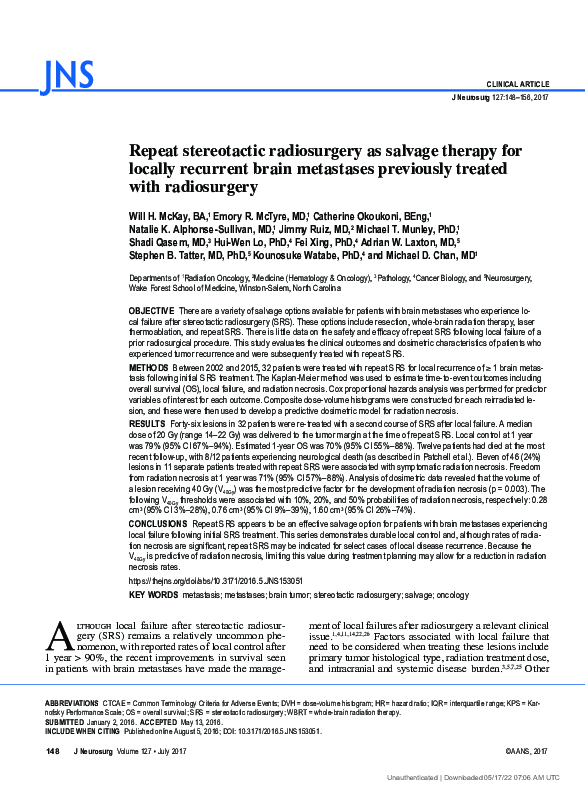 (PDF) Repeat stereotactic radiosurgery as salvage therapy for locally recurrent brain metastases ...