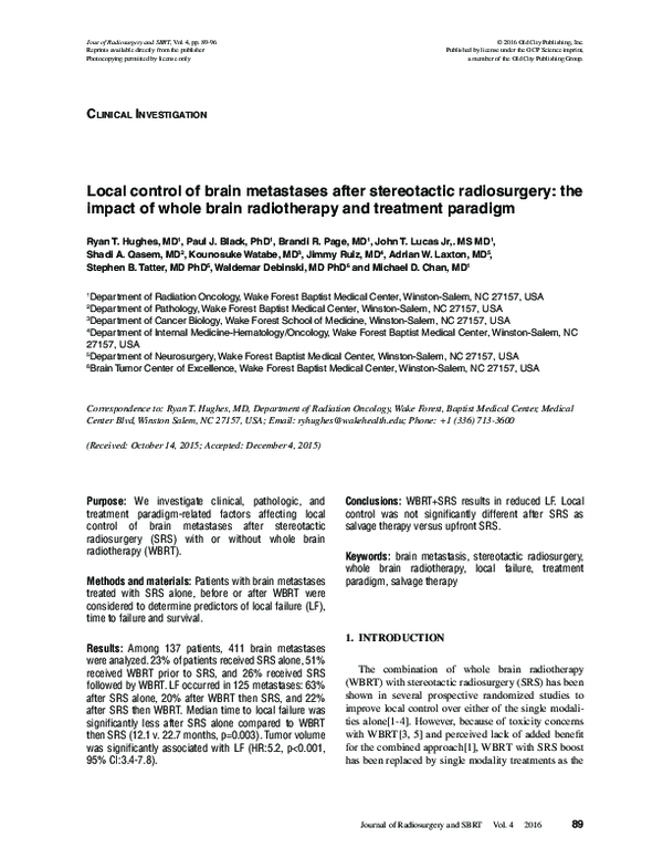 (PDF) Local control of brain metastases after stereotactic radiosurgery: the impact of whole ...