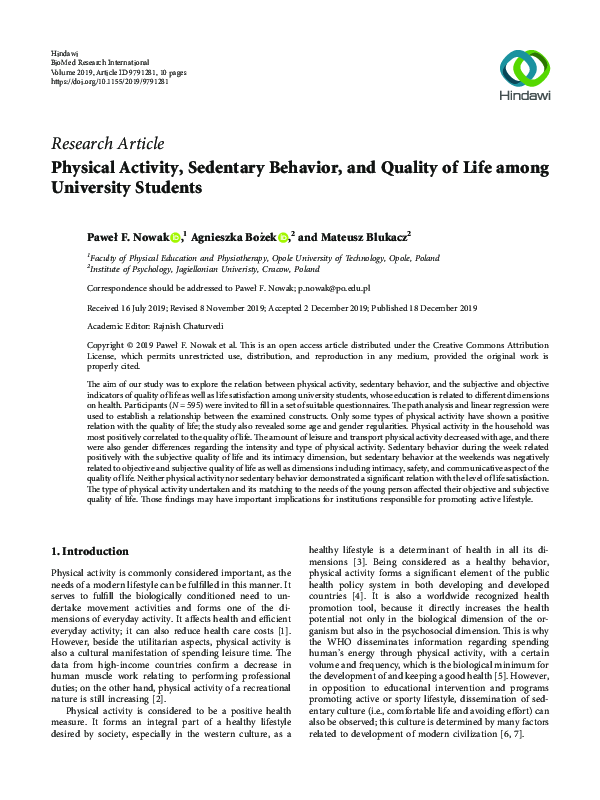 (PDF) Physical Activity, Sedentary Behavior, and Quality of Life among University Students