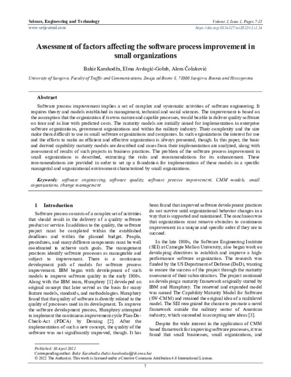 (PDF) Assessment of factors affecting the software process improvement in small organizations
