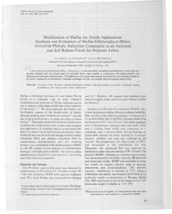 (PDF) Modification of Shellac for Textile Applications: Synthesis and ...