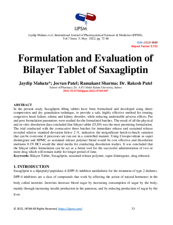 (PDF) Formulation and Evaluation of Bilayer Tablet of Saxagliptin