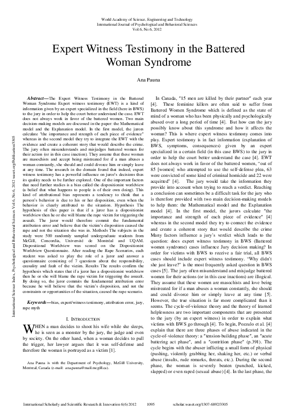(PDF) Expert Witness Testimony In The Battered Woman Syndrome