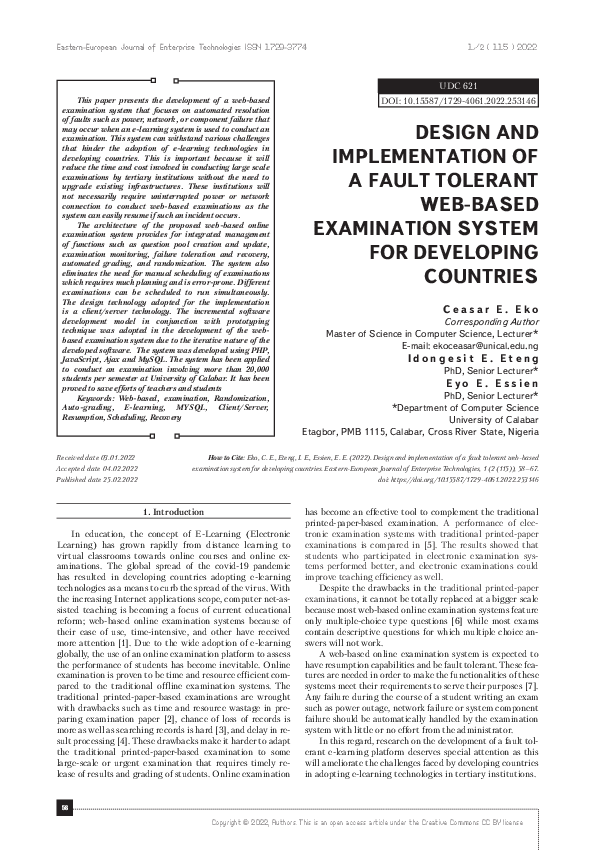 Pdf Design And Implementation Of A Fault Tolerant Web Based Examination System For Developing
