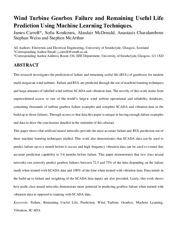 (PDF) Wind turbine gearbox failure and remaining useful life prediction using machine learning ...