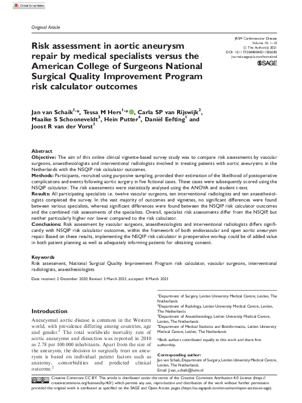 (PDF) Risk assessment in aortic aneurysm repair by medical specialists ...
