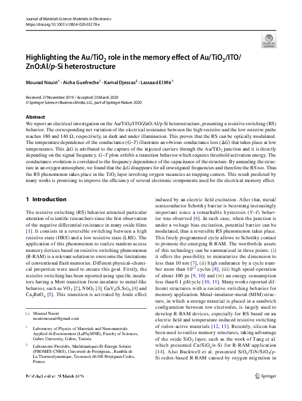 Pdf Highlighting The Au Tio2 Role In The Memory Effect Of Au Tio2 Ito
