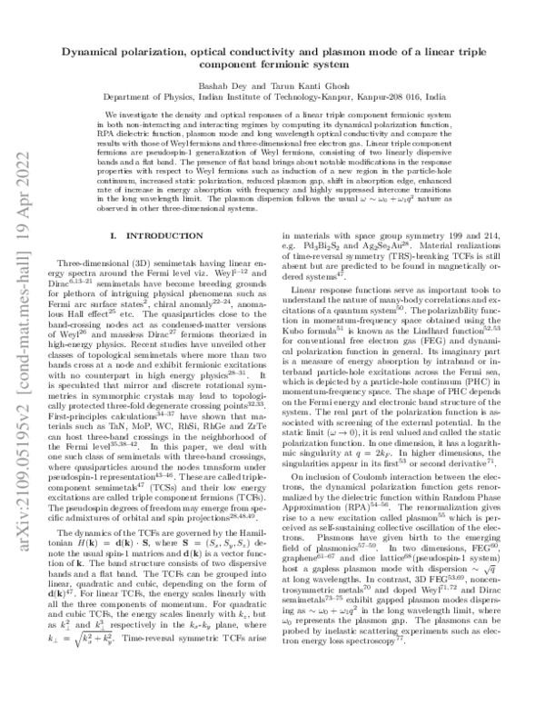 (PDF) Dynamical polarization, optical conductivity and plasmon mode of a linear triple component ...