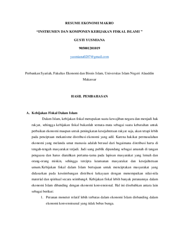 (PDF) RESUME EKONOMI MAKRO "INSTRUMEN DAN KOMPONEN KEBIJAKAN FISKAL ISLAMI