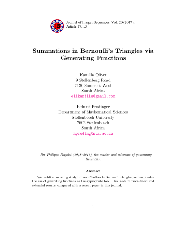 (PDF) Summations in Bernoulli's Triangles via Generating Functions