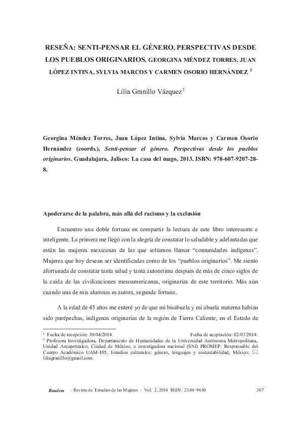 (PDF) Reseña: Senti-Pensar El Género. Perspectivas Desde Los Pueblos ...