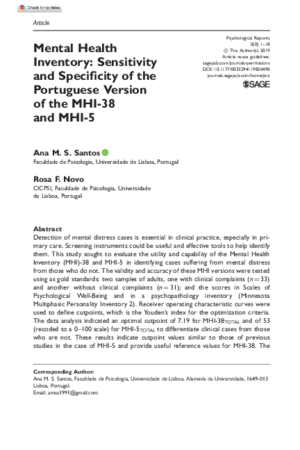 (PDF) Mental Health Inventory: Sensitivity and Specificity of the Portuguese Version of the MHI ...
