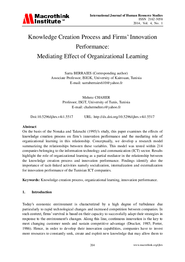 (PDF) Knowledge Creation Process and Firms’ Innovation Performance: Mediating Effect of ...
