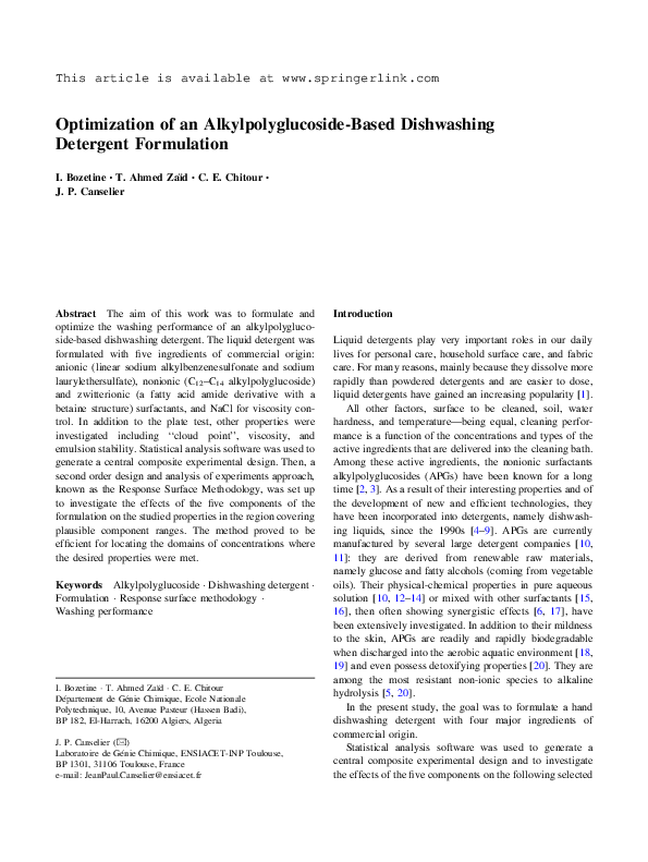 (PDF) Optimization of an Alkylpolyglucoside-Based Dishwashing Detergent ...