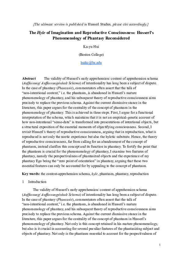 (PDF) The Hyle of Imagination and Reproductive Consciousness: Husserl's ...