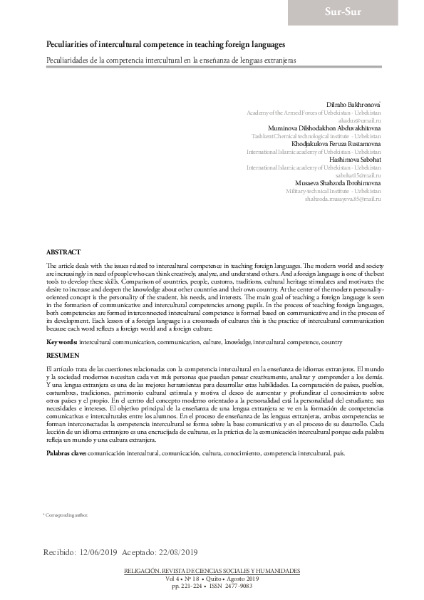(PDF) Peculiarities of intercultural competence in teaching foreign languages