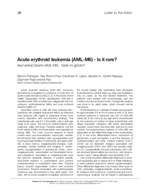 (PDF) Acute erythroid leukemia ( AML-M 6 )-Is it rare ? Akut eritroid lösemi ( AML-M 6 )-Nadir ...