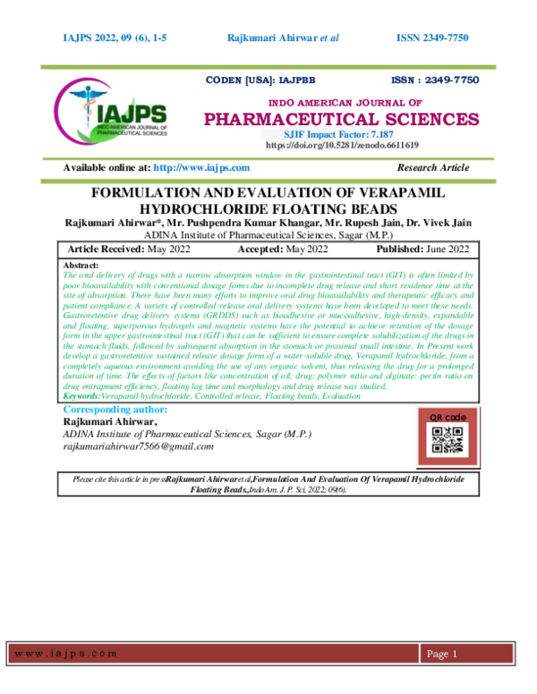 Pdf Formulation And Evaluation Of Verapamil Hydrochloride Floating Beads