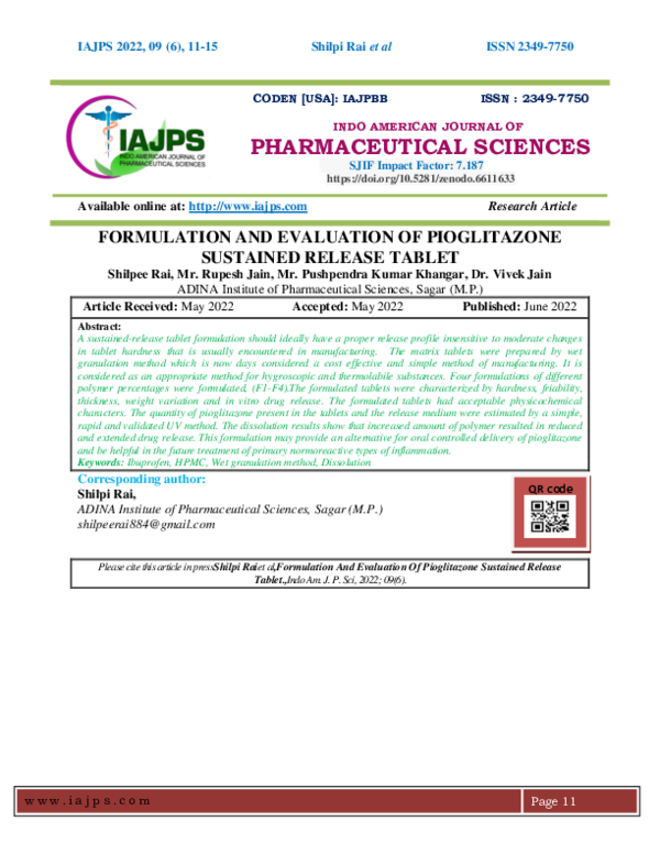 Pdf Formulation And Evaluation Of Pioglitazone Sustained Release Tablet