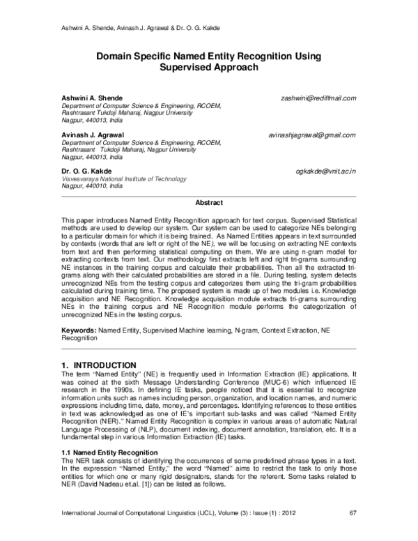 Pdf Domain Specific Named Entity Recognition Using Supervised Approach 8538