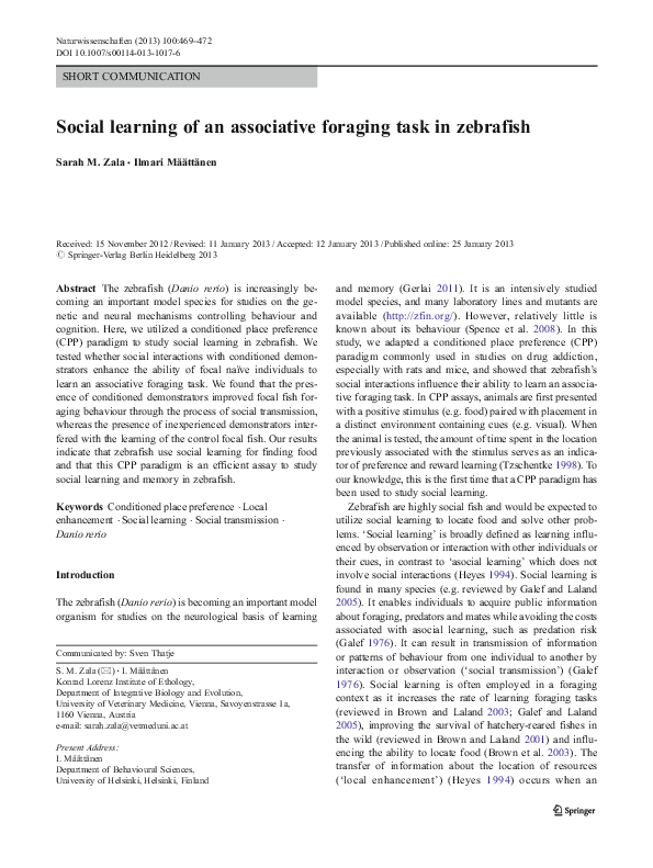 (PDF) Social learning of an associative foraging task in zebrafish